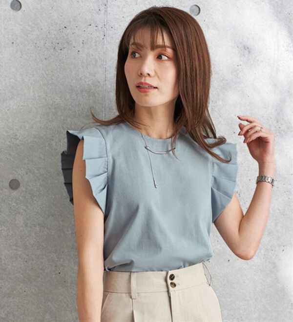 【Yukoコラボ】フリル袖異素材切替ブラウス - ベルーナ【公式】