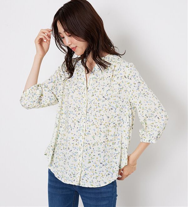 【接触冷感】レーヨン素材ギャザー使いプリントブラウス - ベルーナ【公式】